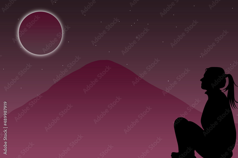 silhouette of a girl sitting on the moon, alone in the mountains Stock ...