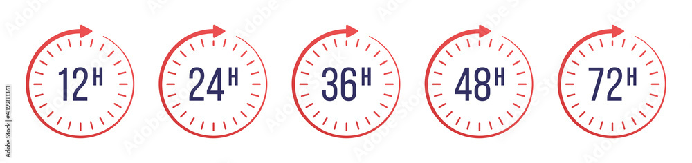 12, 24, 36, 48, 72 hours clock arrow, vector work time icons. Delivery ...