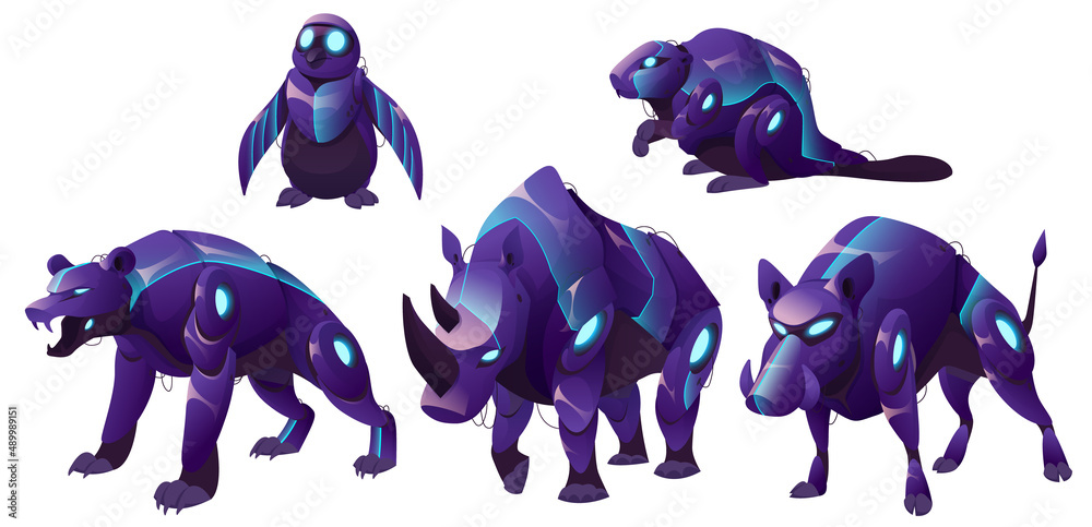 Mechanical animals, bear, penguin, rhinoceros, boar and beaver robots ...