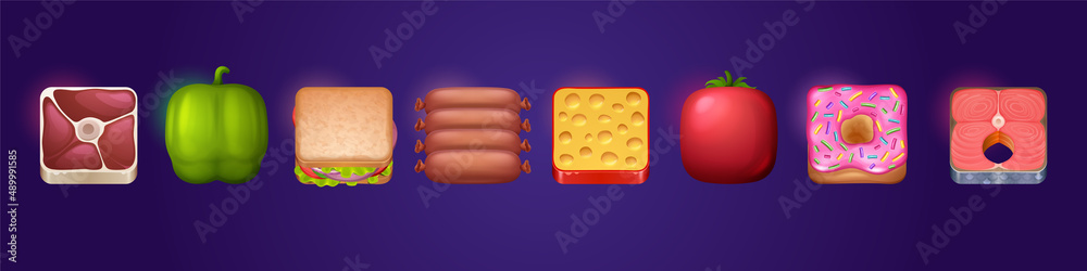 Square food icons, buttons with texture of fish, meat, cheese, sandwich ...
