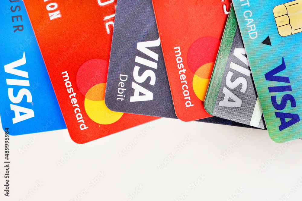 Bangkok, Thailand - August 3, 2017: Close up of many VISA and MASTER ...