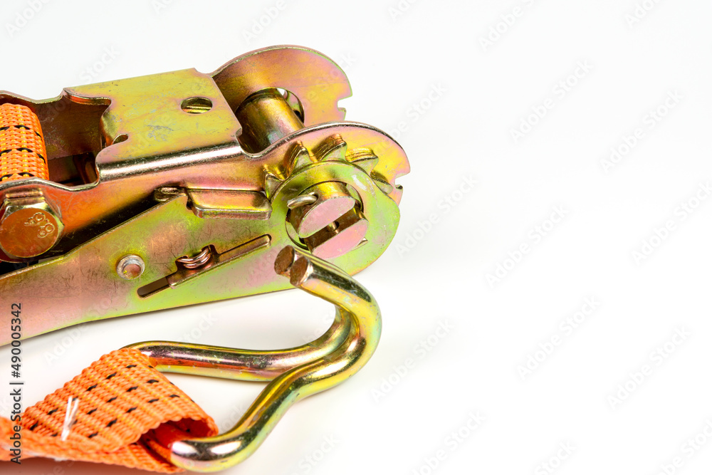 Ratchet straps to control load loading. Cargo securing belt. Close-up ...