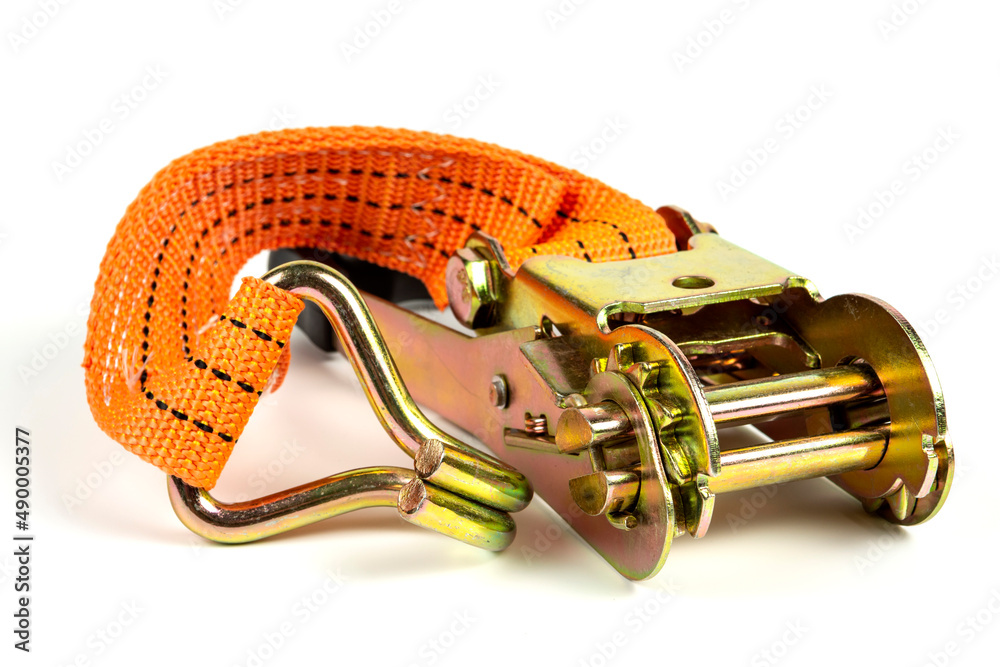 Ratchet straps to control load loading. Cargo securing belt. Close-up ...