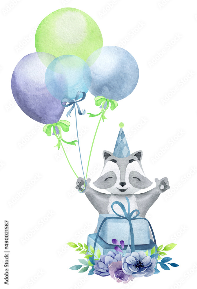 watercolor illustration happy birthday, animals, flowers, gifts ...