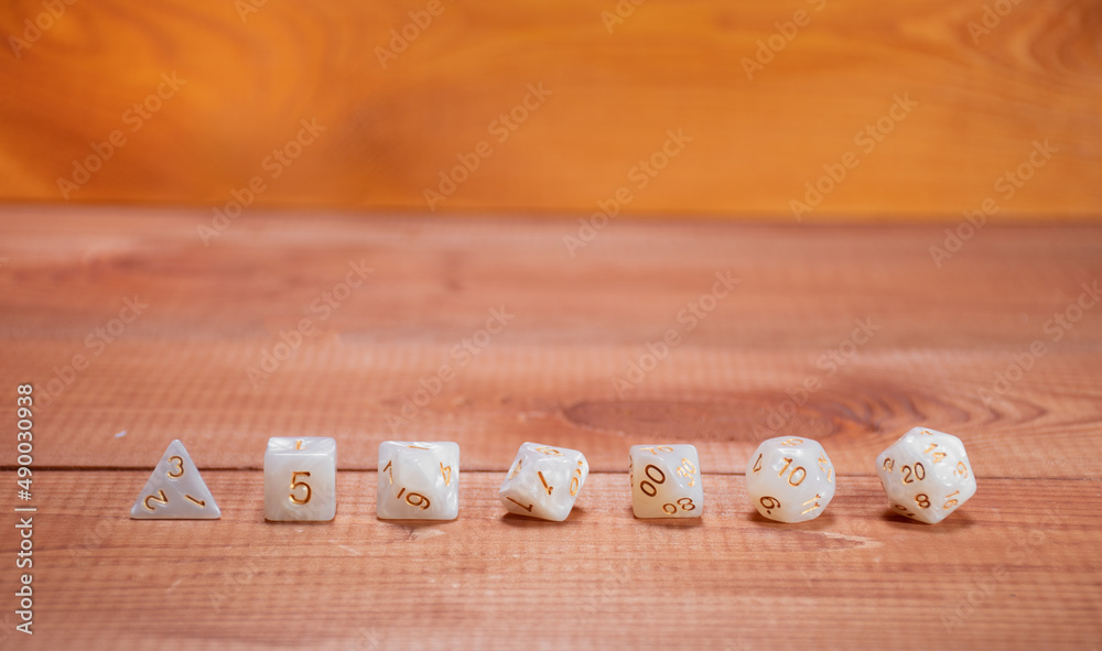 RPG role-playing games background with set of role playing white dices ...