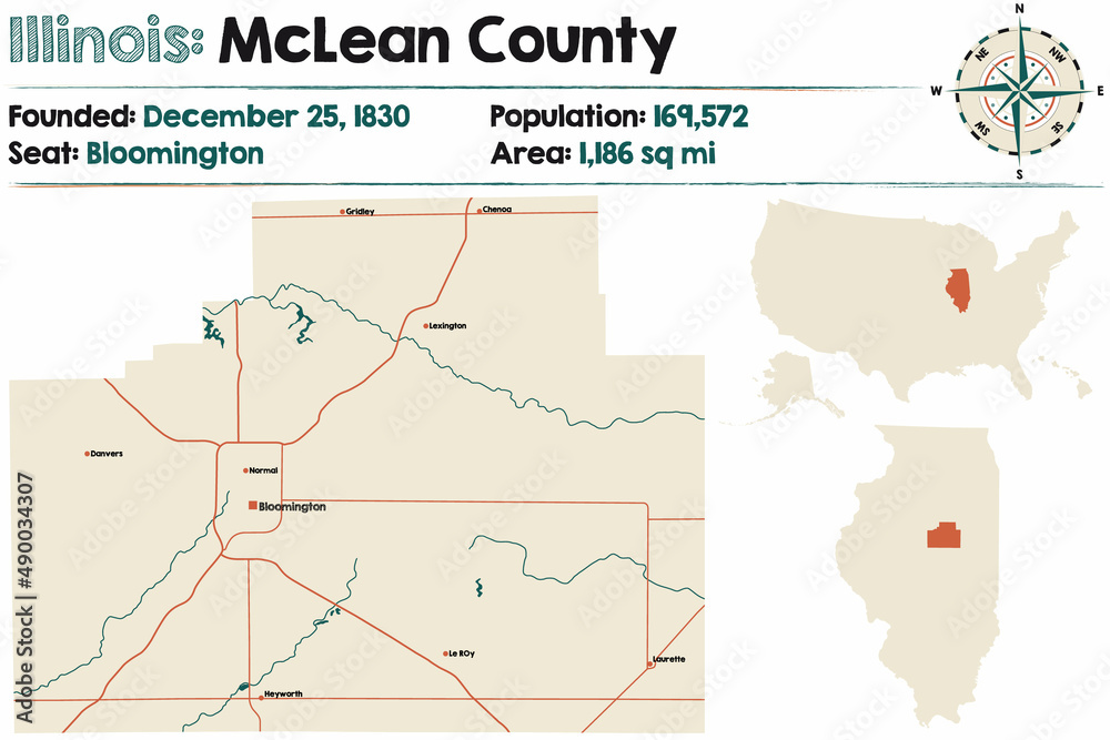 Large and detailed map of McLean county in Illinois, USA. Stock Vector ...