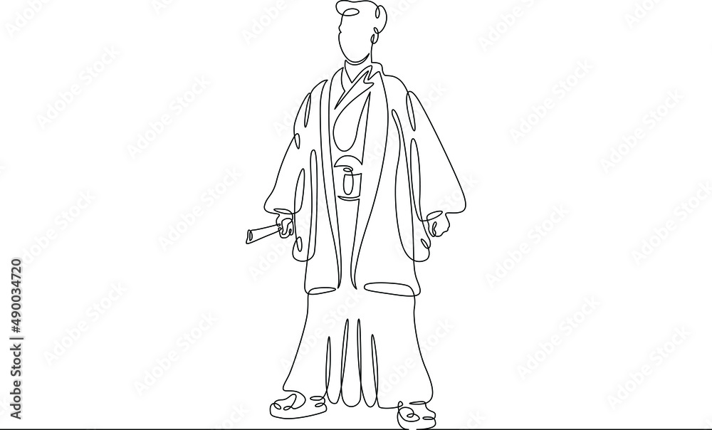 One continuous line.Japanese man character in traditional folk national ...