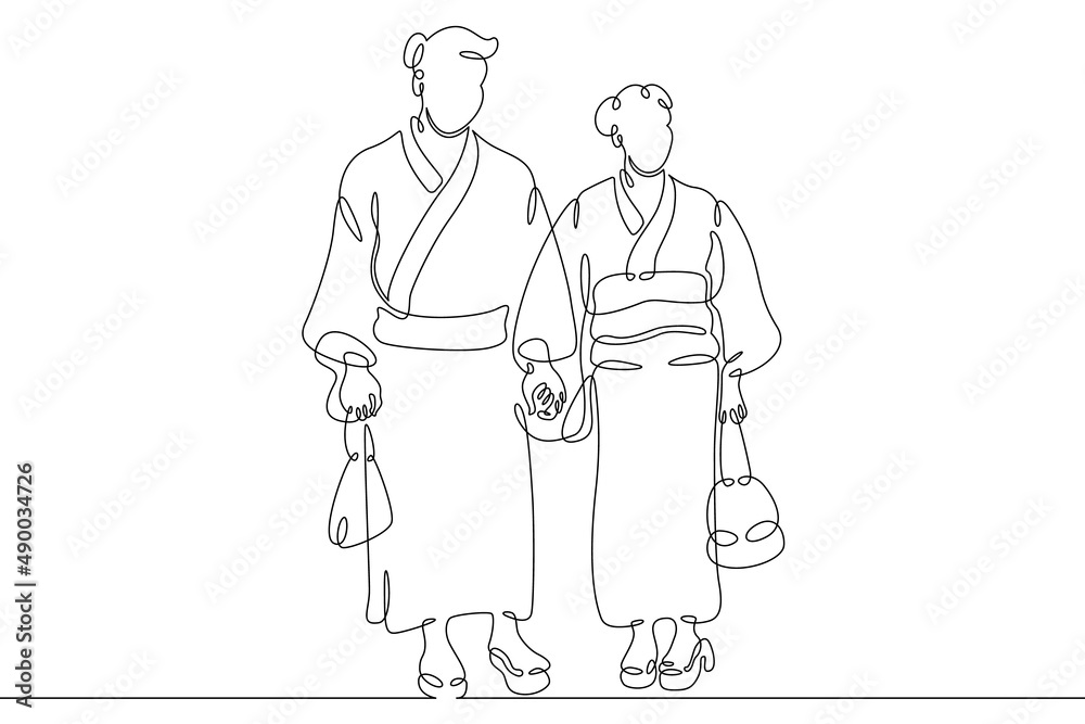 One continuous line.Japanese man and woman character in traditional ...