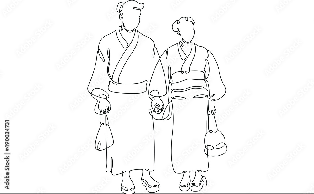 One continuous line.Japanese man and woman character in traditional ...