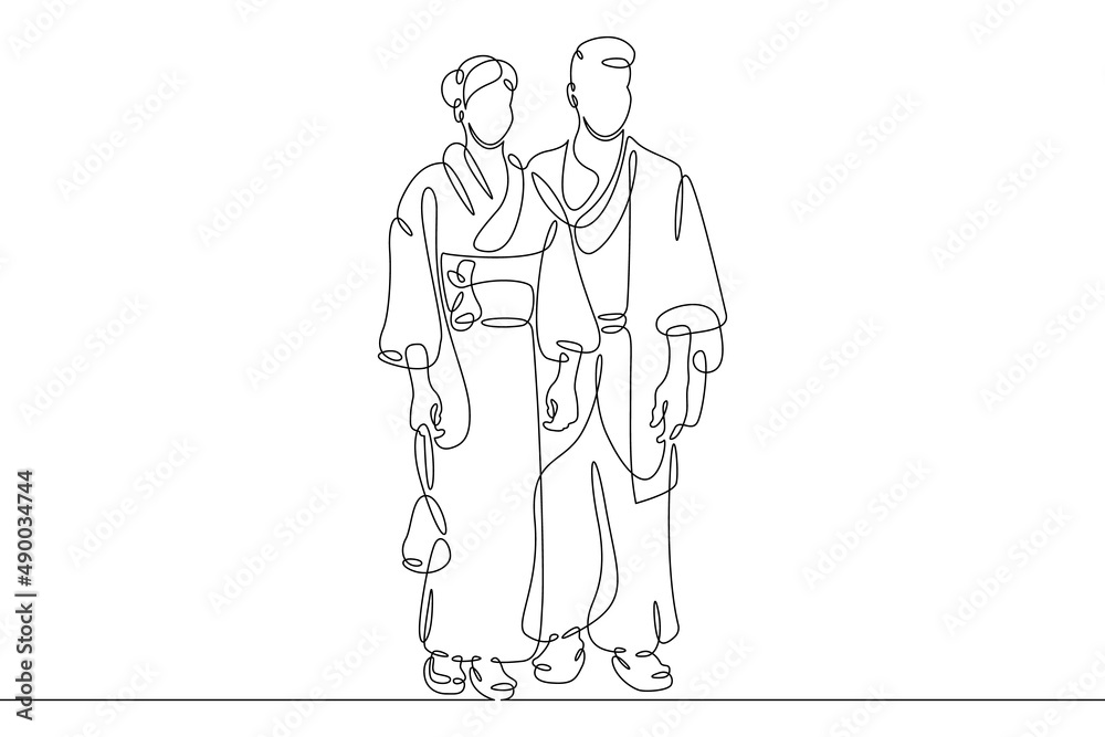 One continuous line.Japanese man and woman character in traditional ...