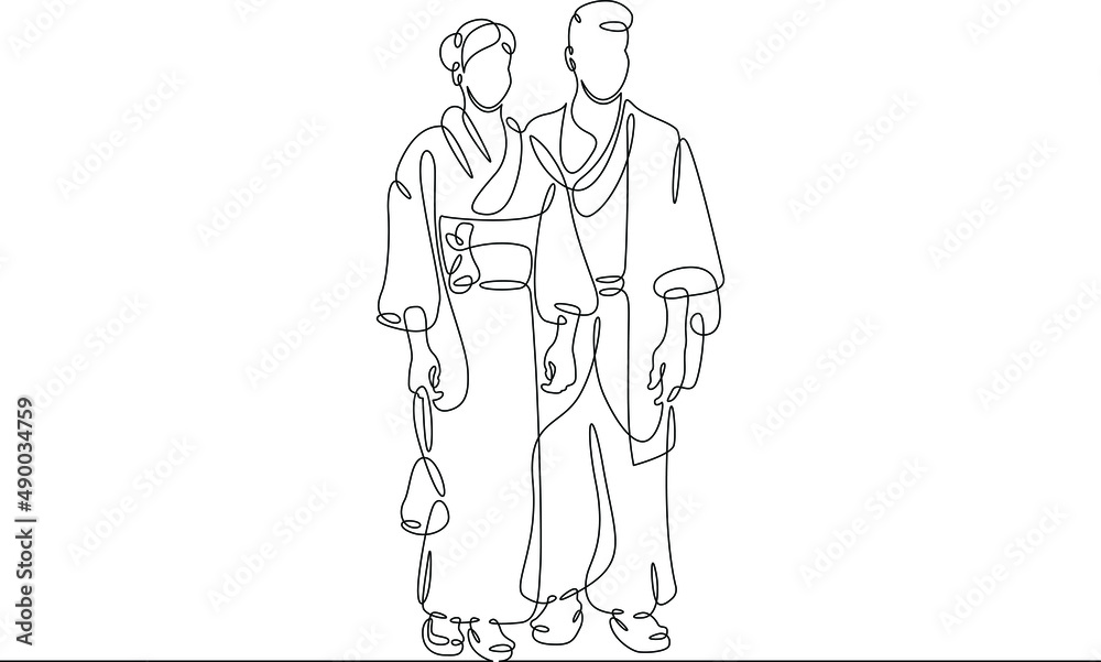 One continuous line.Japanese man and woman character in traditional ...