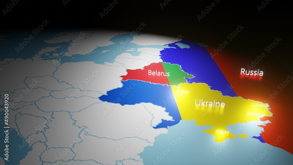Ukraine - Russia - Belarus borders on map with colors of national flag ...
