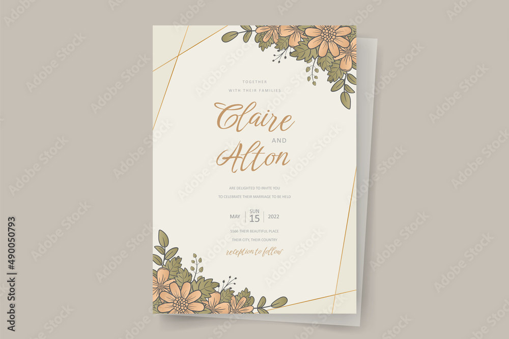 Wedding invitation template with floral outline decoration Stock Vector ...