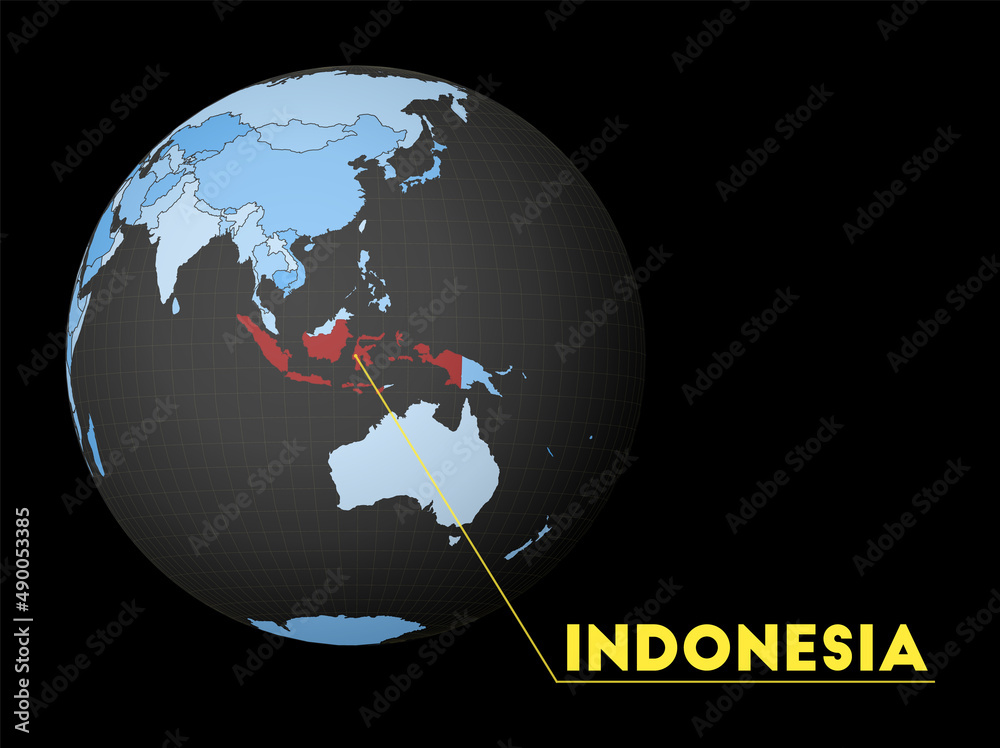 Indonesia on dark globe with blue world map. Red country highlighted ...