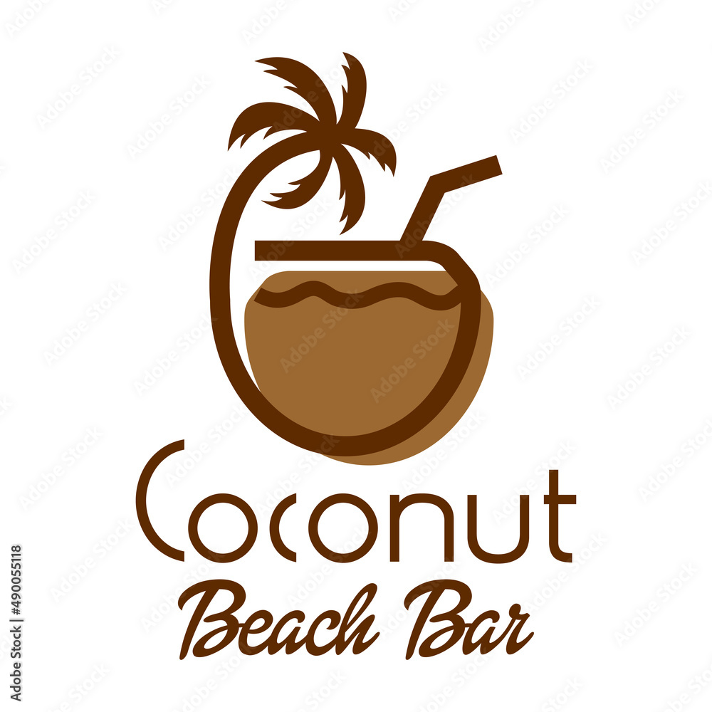 Logo bebida de agua de coco. Banner con texto Coconut Beach Bear con ...