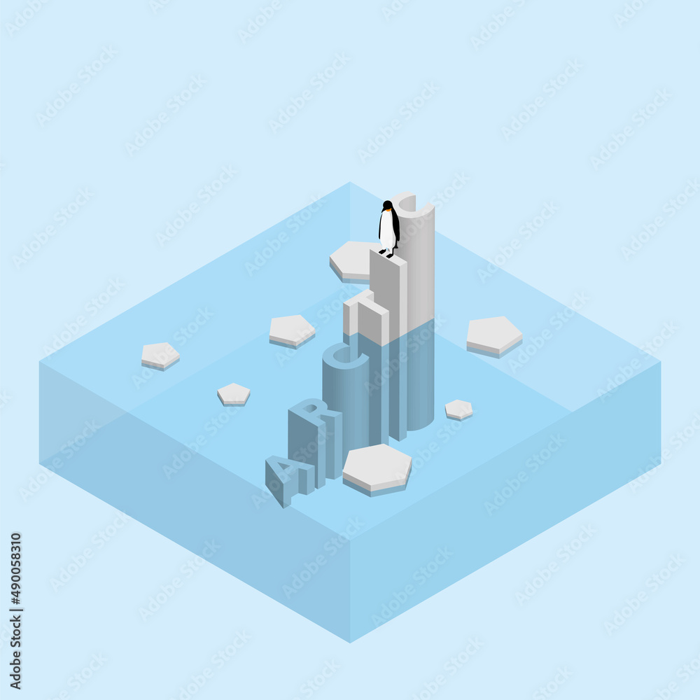 Penguin on text wording iceberg. Global warming and ice melting concept ...