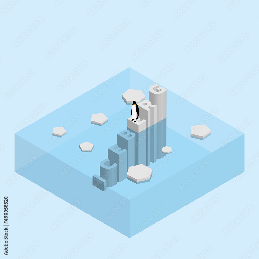 Penguin on text wording iceberg. Global warming and ice melting concept ...