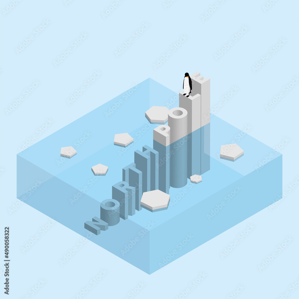 Penguin on text wording iceberg. Global warming and ice melting concept ...
