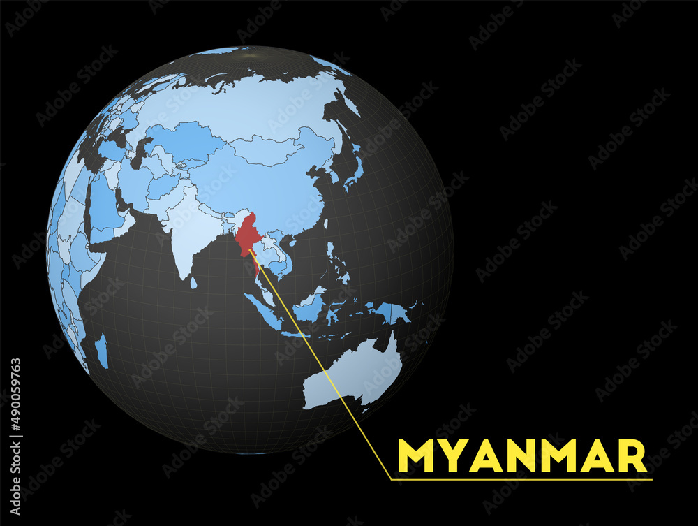 Vetor de Myanmar on dark globe with blue world map. Red country highlighted. Satellite world ...