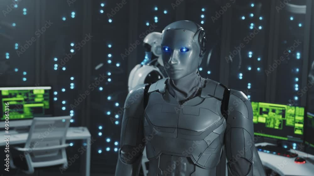 Data center. Artificial intelligence. Portrait of cybernetic robot ...