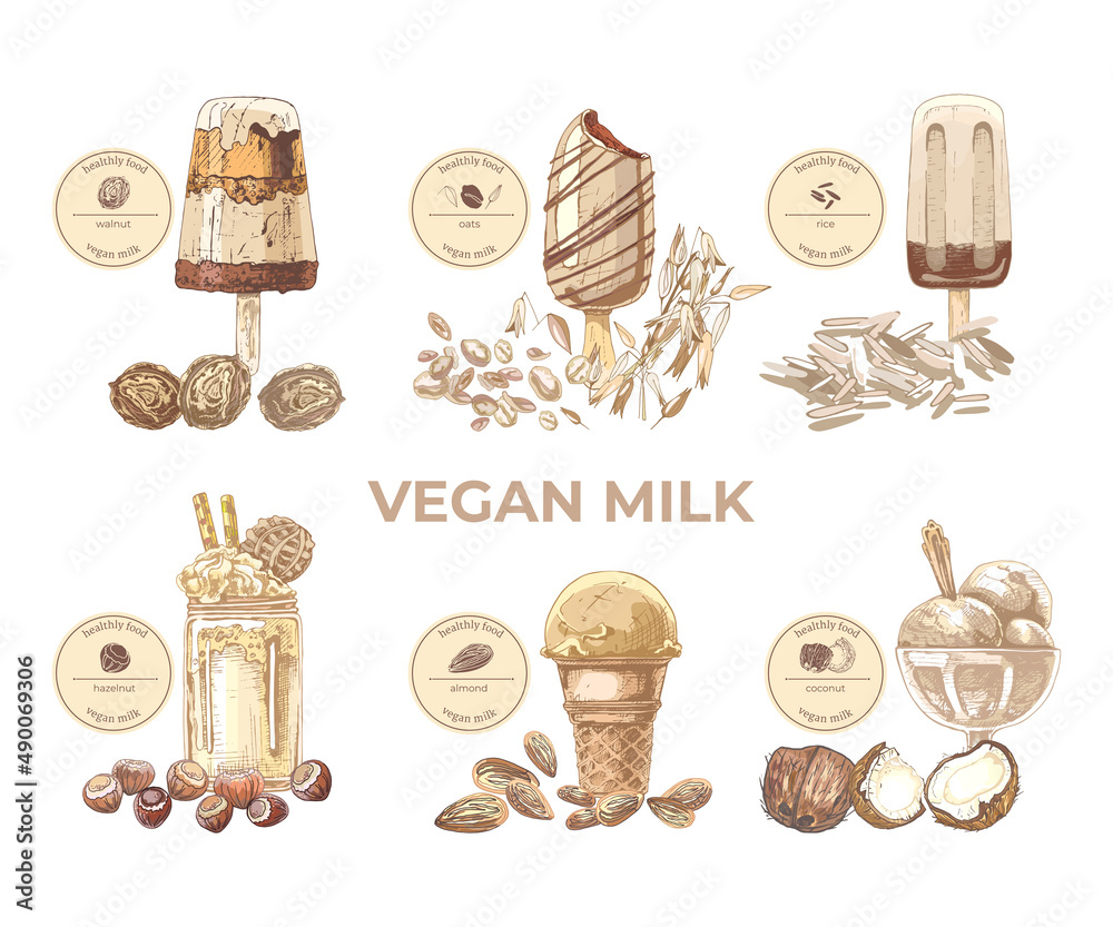 300_vegan milk_vegan milk label set, logo, milk dessert, oatmeal, rice ...