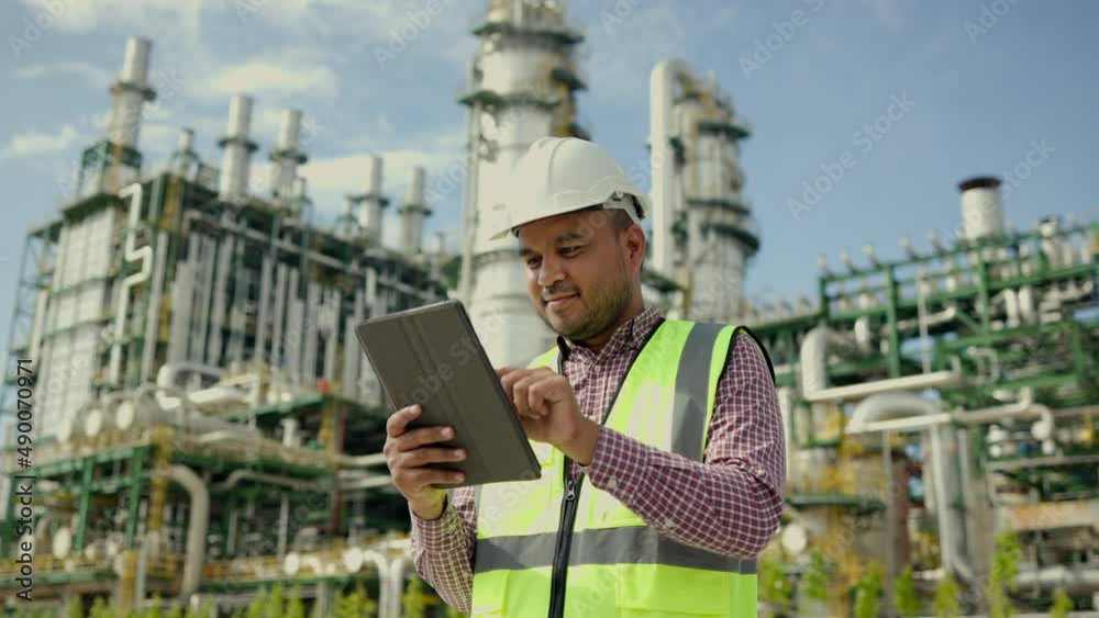 Asian engineer manager man with white safety helmet standing front of ...