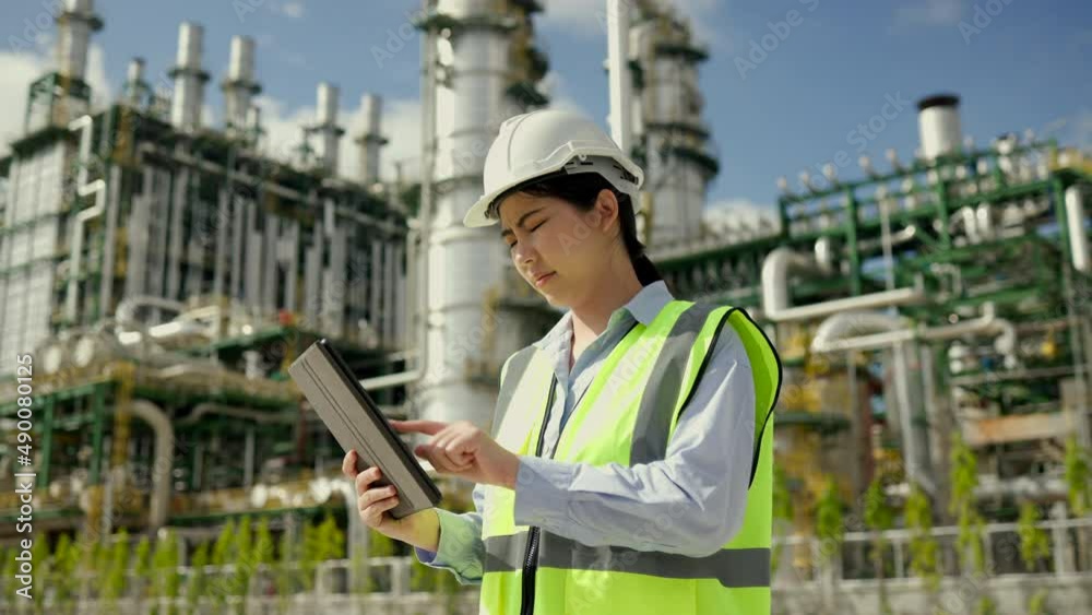 Asian engineer manager woman with white safety helmet standing front of ...