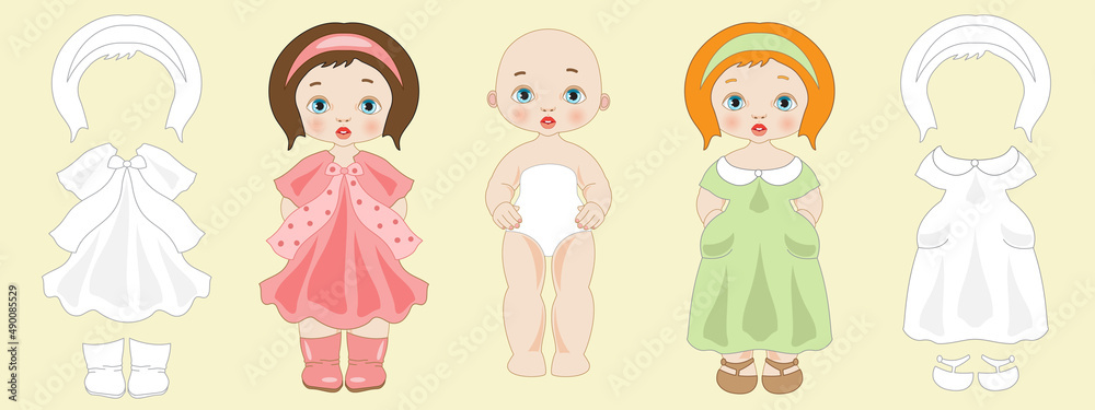 Illustration of a paper doll to color and dress up with two examples ...