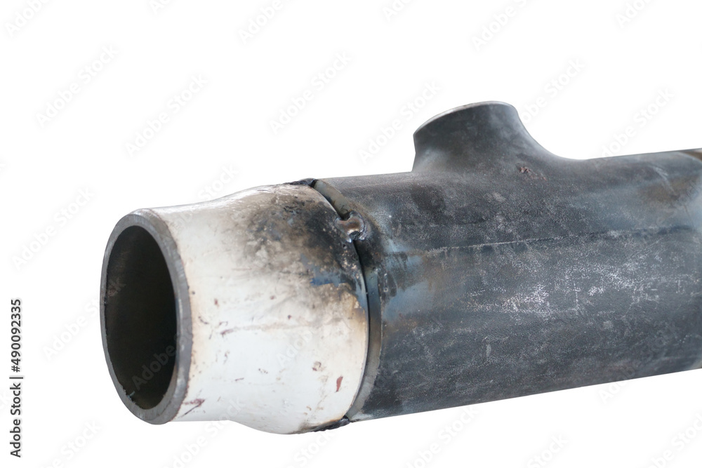 Welded steel pipe connection in raw condition. On-site gas welding ...