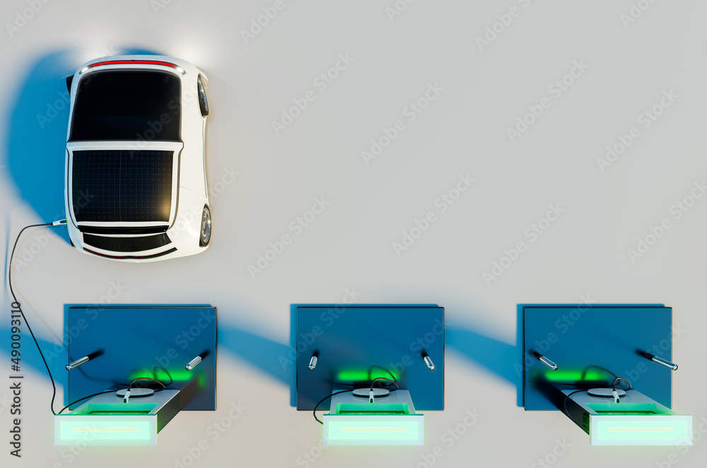 Top view Electric vehicle (EV) charging at charging station, 3D ...
