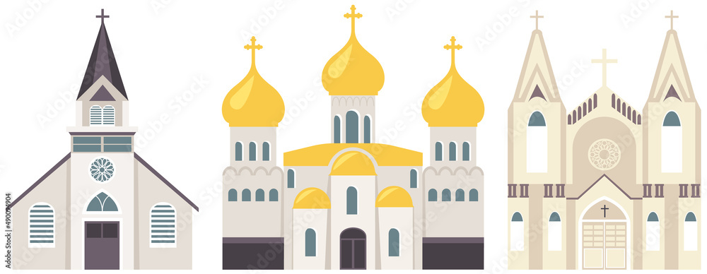 Temple buildings of various religions. Old Catholic Church. Orthodox ...