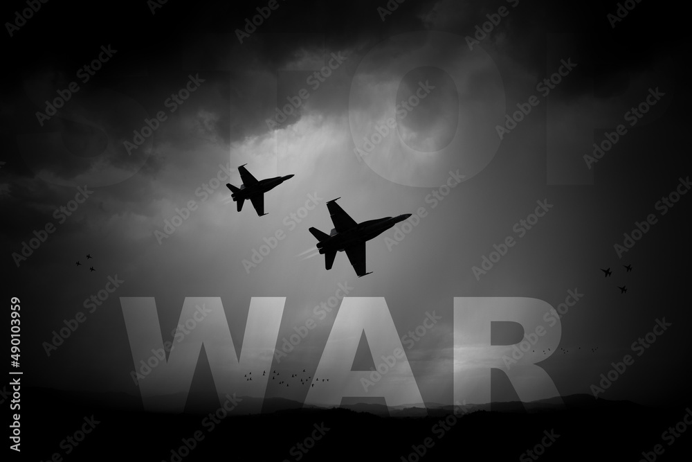Stop War Background with Jet Fighters against a Dark Raining Day ...