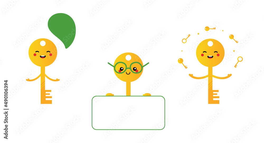 Cute cartoon style golden key characters having fun, juggling little ...