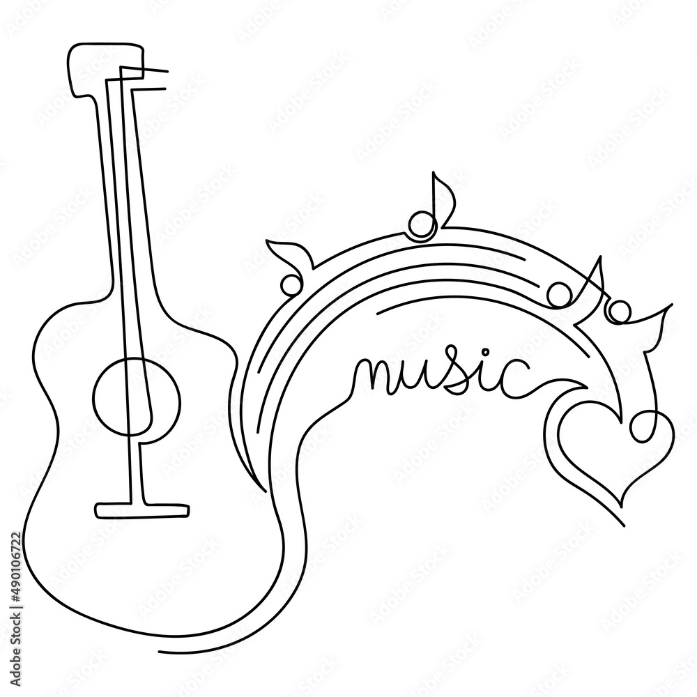 Continuous drawing one line. Hand drawn music concept. Poster music ...