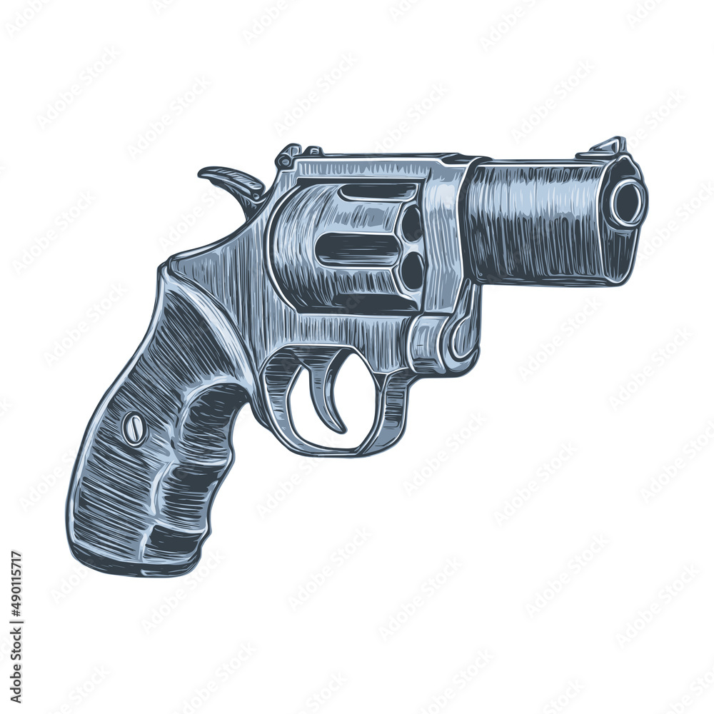 Vector sketch of a revolver. Monochrome drawing of a pistol on a white ...