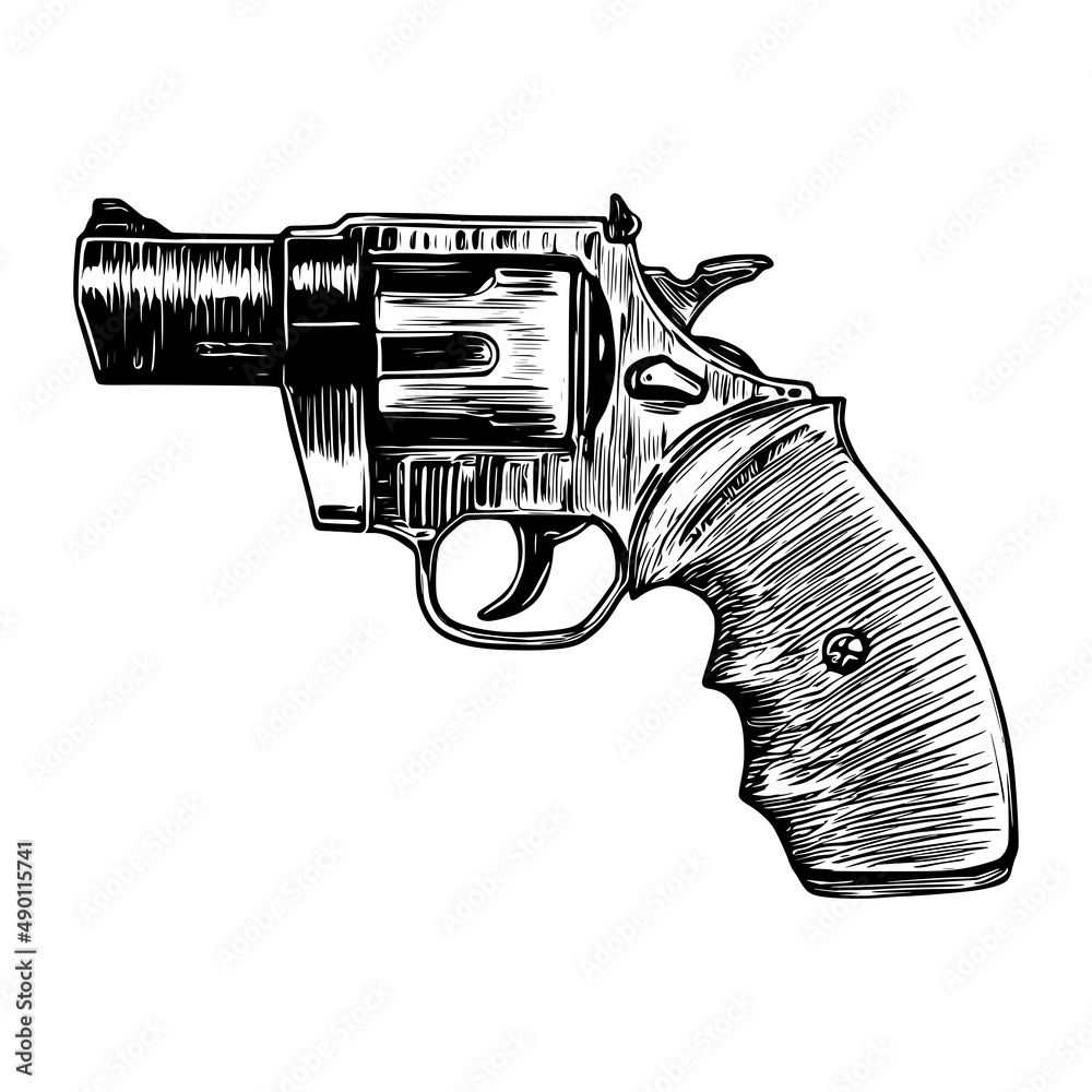 Pistol side view. Vector monochrome sketch of a revolver. Stock Vector ...