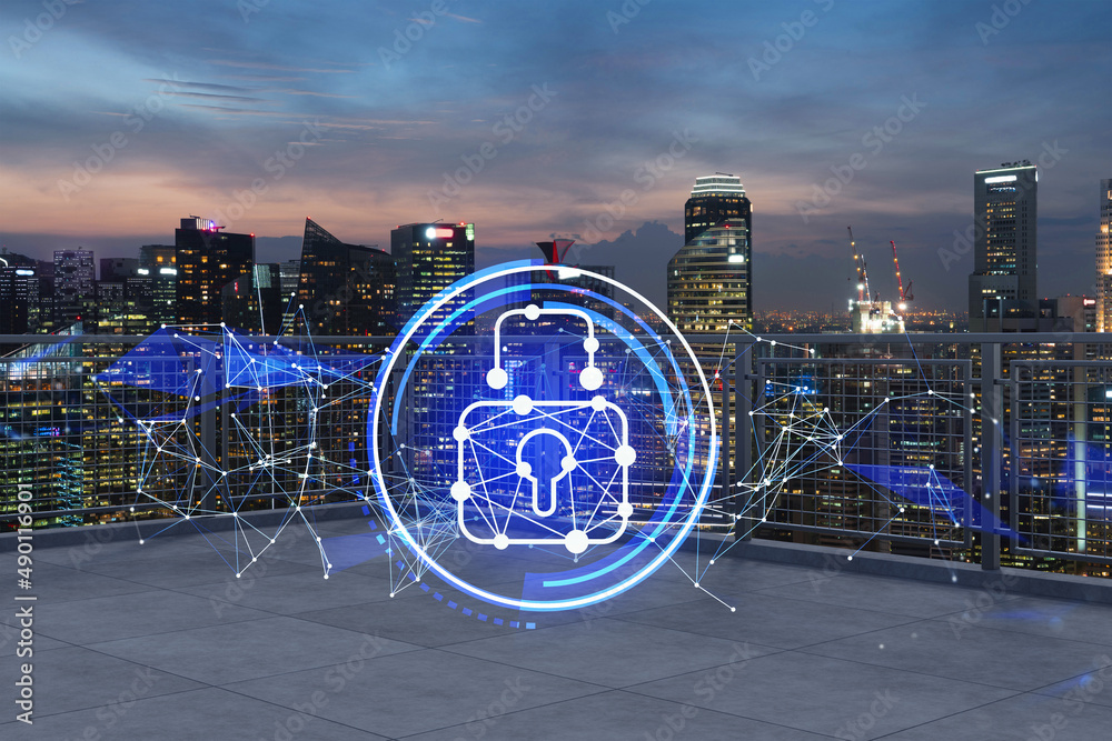 Rooftop with concrete terrace, Singapore night skyline. Cyber security ...