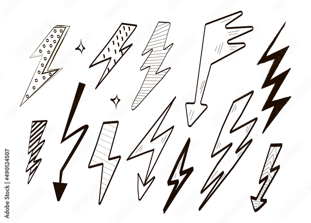 Lightning hand drawn set vector. Doodle thunder sign collection. Sketch ...