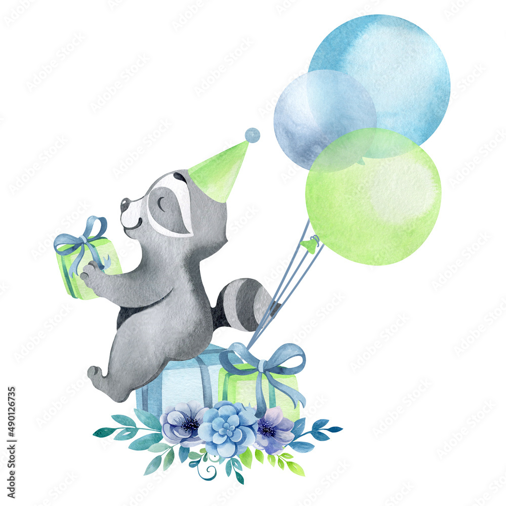 watercolor illustration happy birthday, animals, flowers, gifts ...