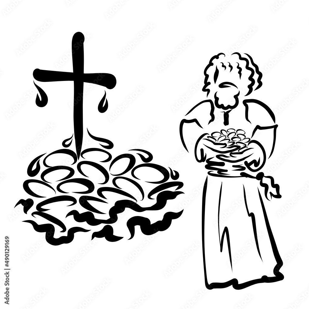 Judas Iscariot with thirty pieces of silver, cross with the blood of ...