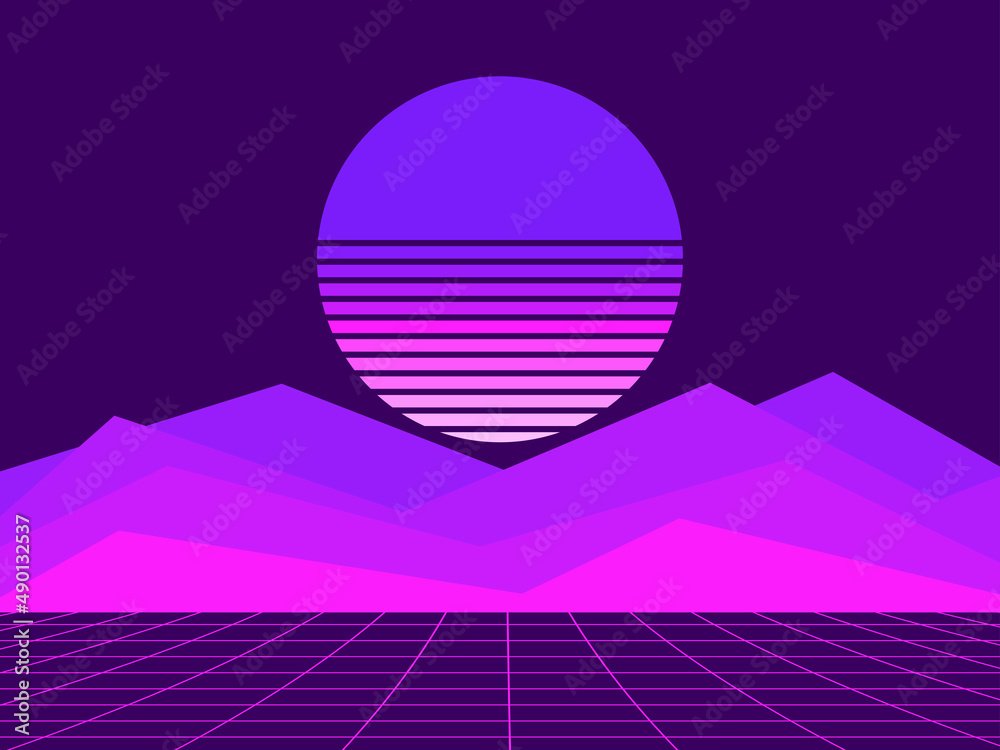 Virtual reality sunset in the style of 80s. Sci-fi landscape with retro ...