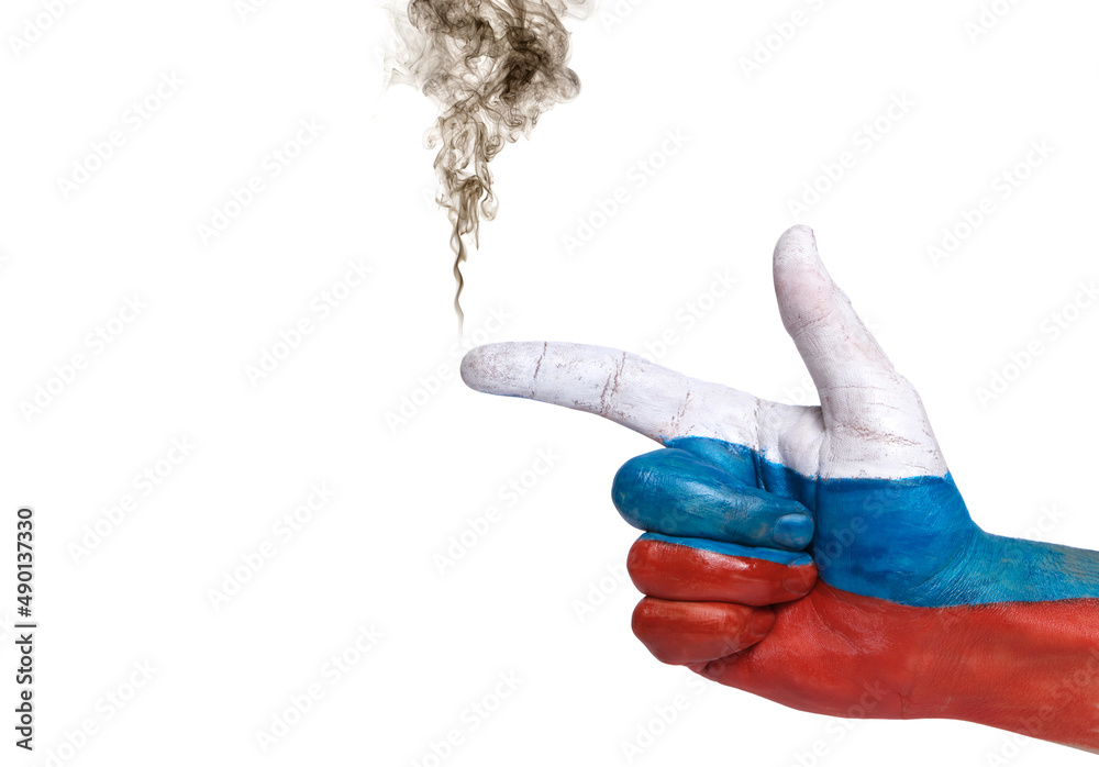 Hand in form pistol is painted in Russian tricolor with smoke coming ...