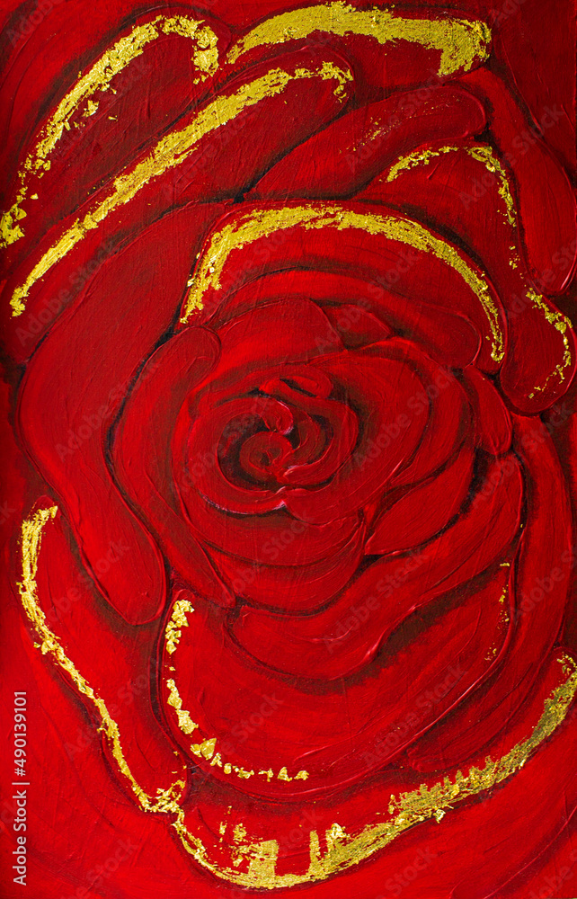 Textural oil painting: red rose flower with golden decor potal Stock ...