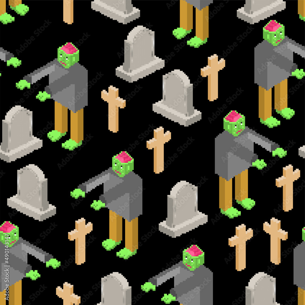 Zombie pixel art pattern seamless. 8 bit Dead man in Cemetery. monster ...