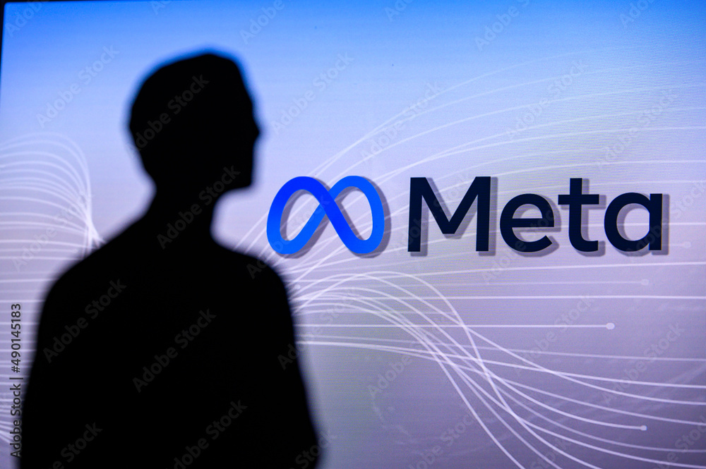 NEW YORK, USA, 1. MARCH 2022: Meta or Metaverse logo on big screen and ...