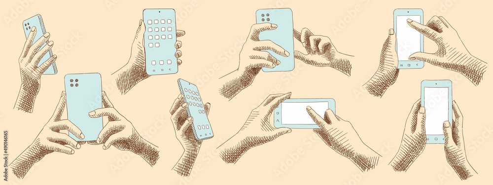 Sketches collection of hands holding smartphone, from different angles ...