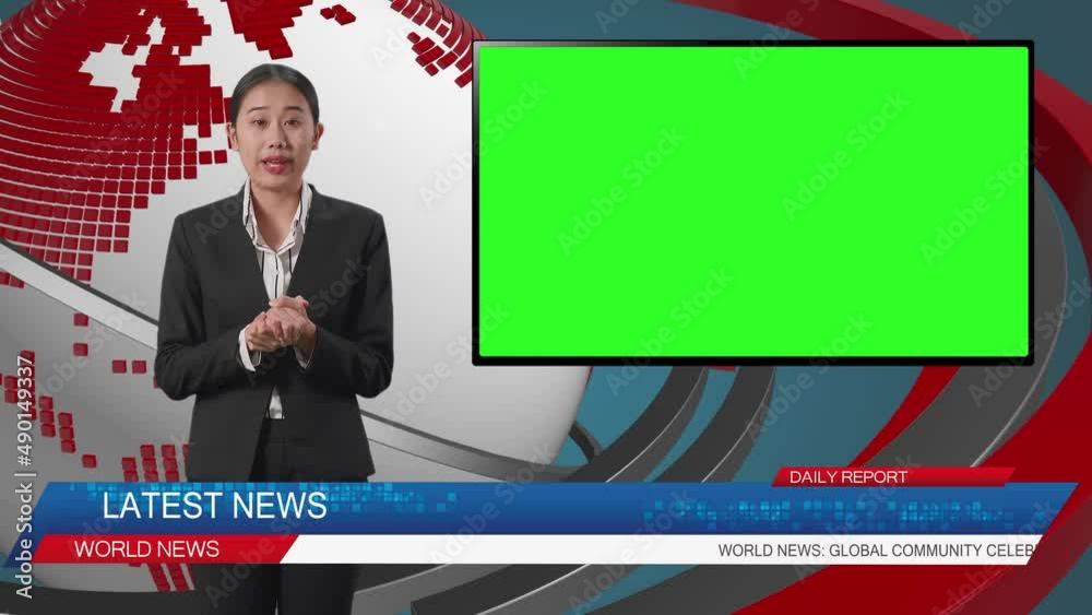 Stockvideo Live News Studio With Asian Professional Female Anchor And ...