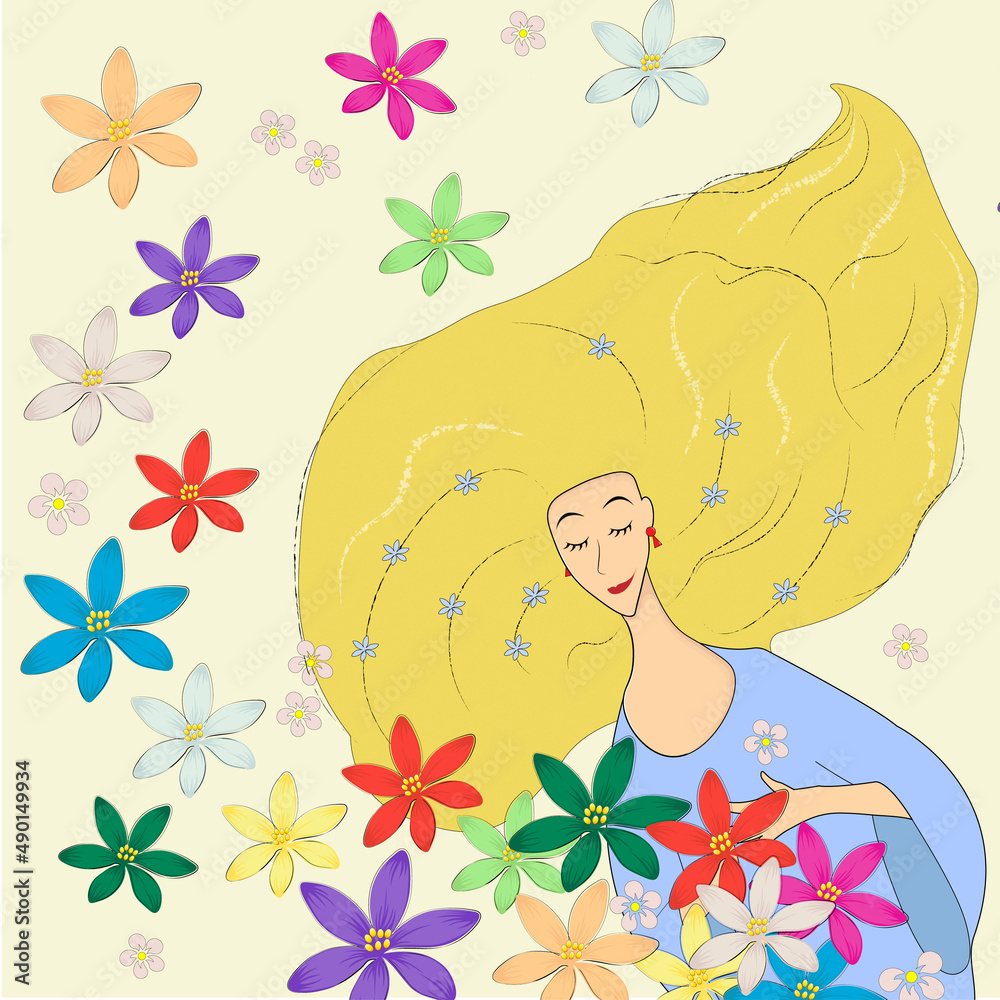 cartoon illustration of a woman with flowers Stock Illustration | Adobe ...