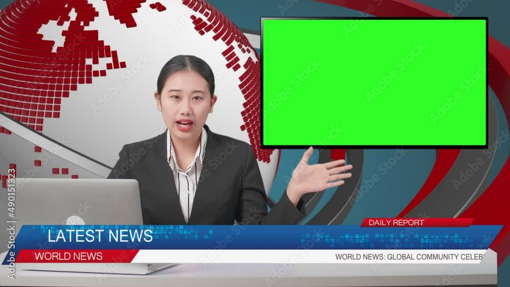 Live News Studio With Asian Professional Female Anchor, Computer, And ...