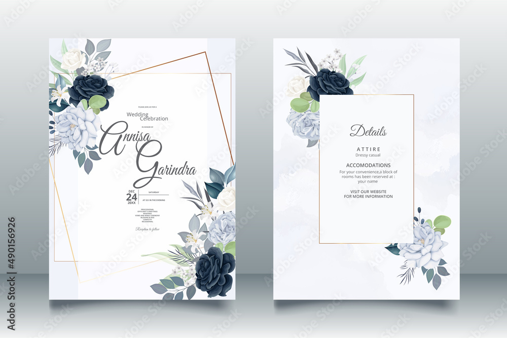 Beautiful navy blue floral frame wedding invitation card template ...